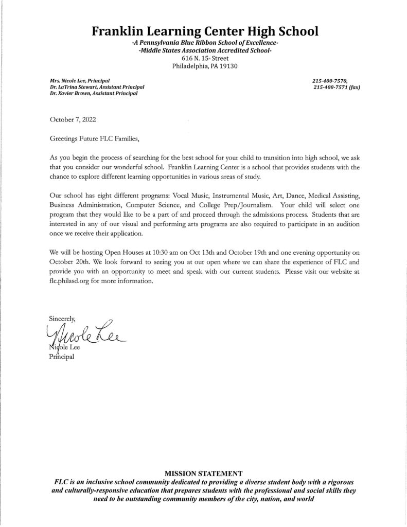 Prospective Student Family Letter - Franklin Learning Center